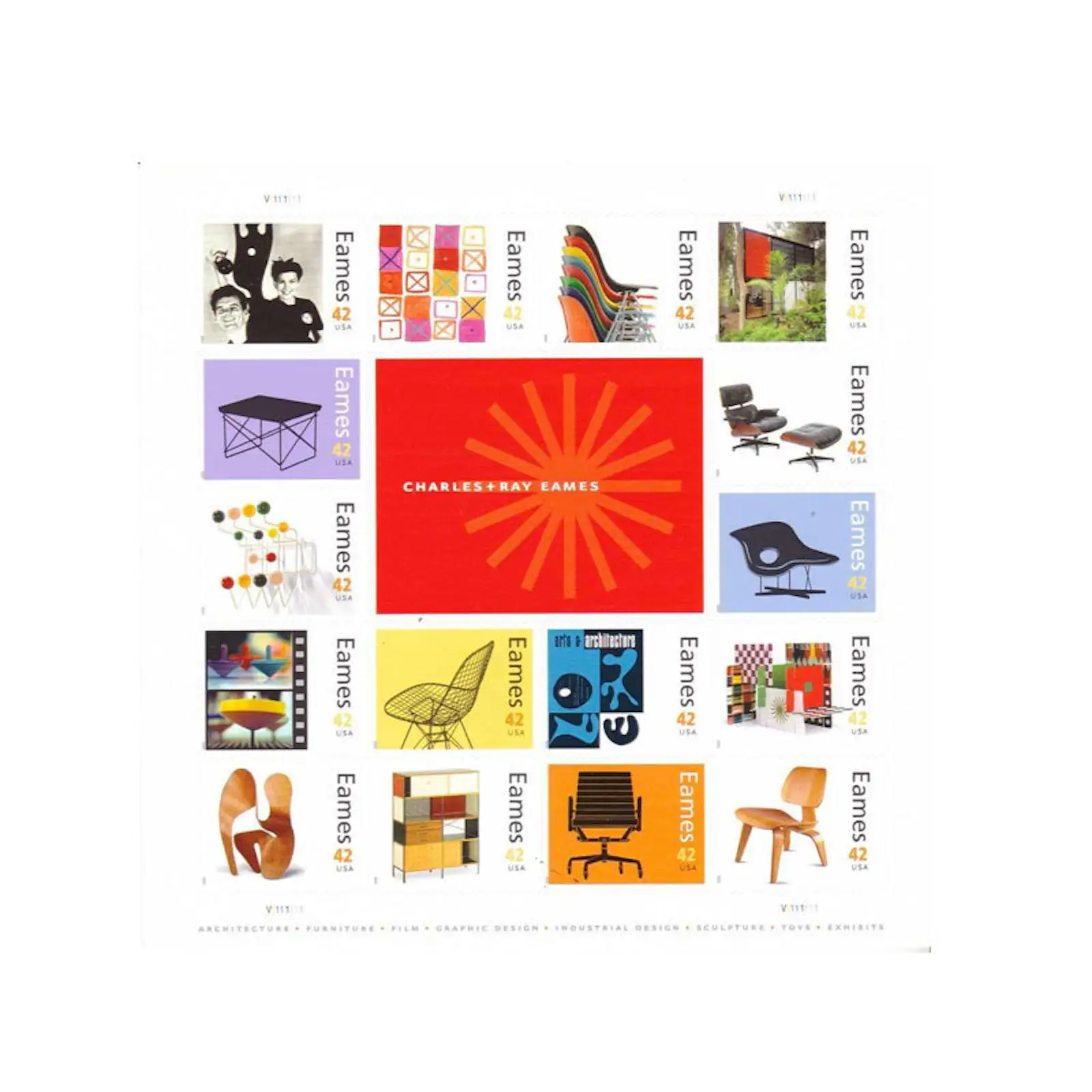 USPS Charles and Ray Eames Collectible Sheet of 42 Cent Stamps - Dwell